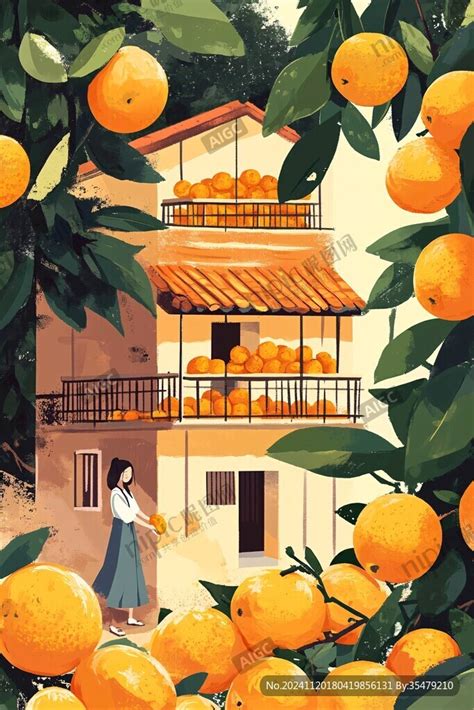 Ai创作图采柑果女孩插画 芒果采摘园插画 夏橙包装插画 摘柑果手绘插画 冰糖橙包装插画 陈皮村插画 伦晚脐橙插画 爱媛橙插画 赣南脐橙包装插画