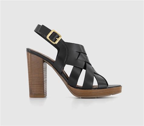 Office Holiday Woven Upper Wooden Block Heels Black Leather High Heels
