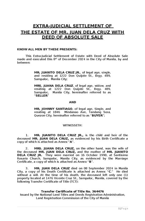 Deed Of Extra Judicial Settlement Of Motorized Vehicle