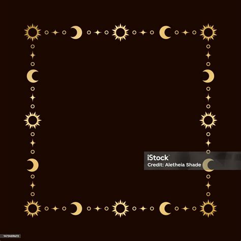 태양 별 달의 위상 초승달 및 복사 공간이 있는 신비로운 천상의 사각형 황금 프레임 화려한 마법의 배경입니다 0명에 대한 스톡 벡터 아트 및 기타 이미지 Istock