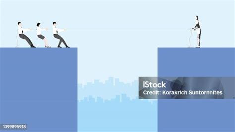 사이버 기술 개념과의 비즈니스 경쟁 로봇과 인간 직원은 줄다리기와 싸우는 팀워크를 가지고 있습니다 논쟁의 미래 대립 직장에서 경쟁하는 경력의 경쟁 개념에 대한 스톡 벡터