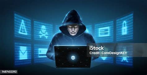 해커 노트북 및 그 뒤에 관련 아이콘이 있는 사이버 범죄자 사이버 범죄 해커 활동 Ddos 공격 디지털 시스템 보안 사기 자금