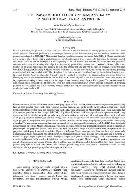 Pdf Penerapan Metode Clustering K Means Dalam Pengelompokan Penjualan Produk
