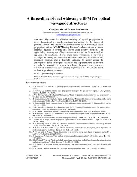 Pdf A Three Dimensional Wide Angle Bpm For Optical Waveguide Structures