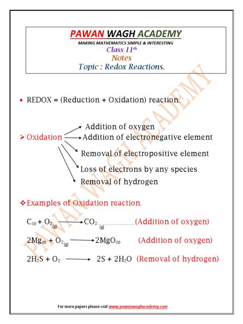 Redox Reaction Class 11th Chemistry Notes Pdf Redox Electrode