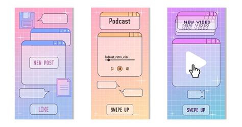 이야기 또는 게시물 템플릿 새 게시물 팟캐스트 새 비디오 괴짜 스티커가 있는 90년대 증기파의 복고풍 브라우저 컴퓨터 창 소셜 미디어를 위한 Y2k 미적 배경 소셜 미디어
