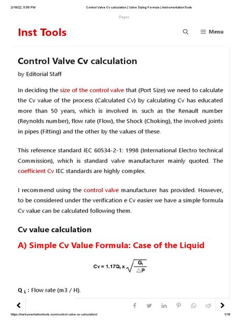 Control Valve Cv Calculation Valve Sizing Formula Instrumentationtools Pdf Valve Flow