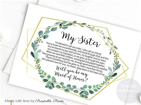 Sister Will You Be My Maid Of Honor Edit And Print Proposal Poem