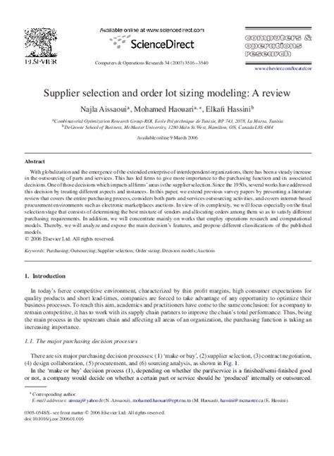 Pdf Supplier Selection And Order Lot Sizing Modeling A Review