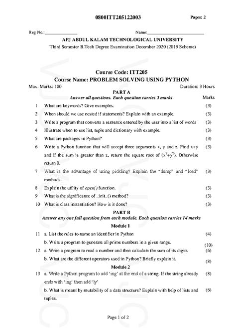 ITT A ITT Page Of Course Code ITT Course Name PROBLEM SOLVING USING PYTHON