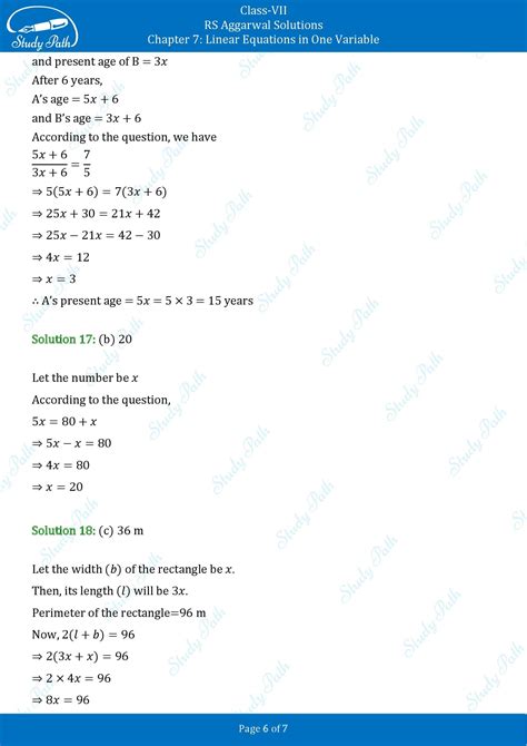 RS Aggarwal Solutions Class Chapter Linear Equations In One Variable