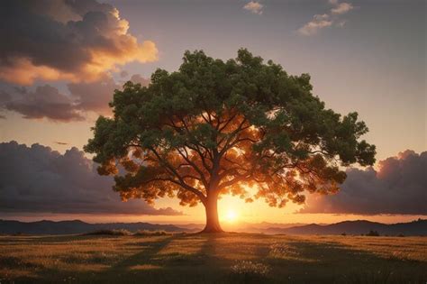 Premium Photo 3d Render Of A Tree Against A Sunset Sky