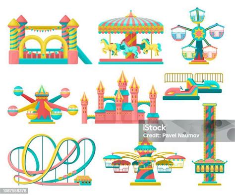 놀이 공원 디자인 요소 세트 메리가 서 라운드 풍선 트램 폴 린 자유 낙하 탑 성 회전 목마 말 흰색 배경에 롤러 코스터 벡터 일러스트 레이 션 타워에 대한 스톡 벡터 아트