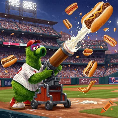 The Phillie Phanatic Mascot Fires Hot Dogs And Cheesesteaks From A