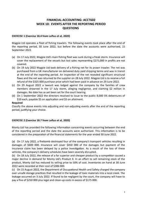 Lecture Exercises Events After The Reporting Period Financial Accounting Acct Week 10
