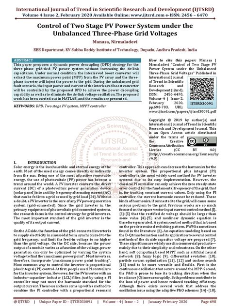 Control Of Two Stage Pv Power System Under The Unbalanced Three Phase