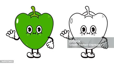 귀여운 재미있는 고추 흔들리는 손 캐릭터 윤곽선 만화 일러스트 레이 션 색칠 공부 책 벡터 후추 손으로 그린 전통 만화 빈티지