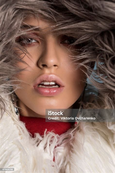 럭셔리 모피 코트에서 겨울 여자입니다 회색 모피 코트에 뷰티 패션 모델 소녀입니다 완벽 한 메이크업 및 액세서리입니다 아름 다운 명품 겨울 아가씨 갈색 머리에 대한 스톡