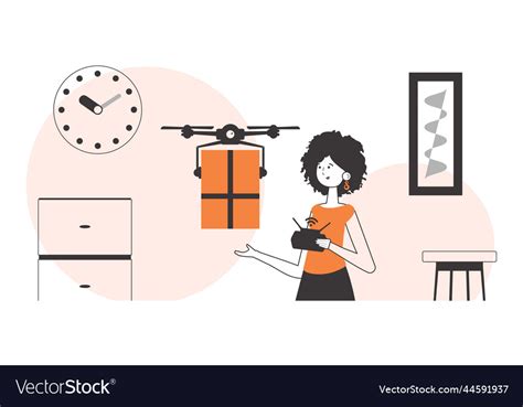 Girl Delivers The Package By Drone Drone Delivery Vector Image
