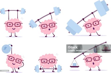 매우 강한 만화 두뇌 개념입니다 흰색 배경에 다른 무게의 안경 리프트 바 핑크 색상 미소 뇌의 일러스트 레이 션의 벡터 집합입니다 뇌에 대한 스톡 벡터 아트 및 기타 이미지