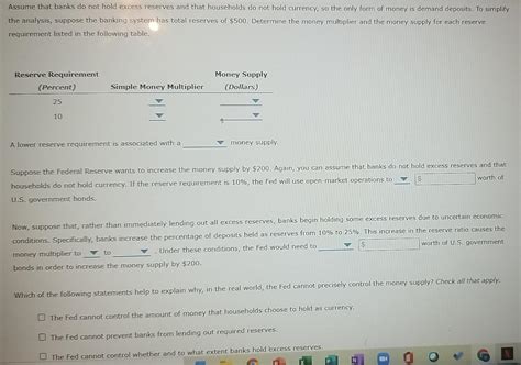 Solved Assume That Banks Do Not Hold Excess Reserves And