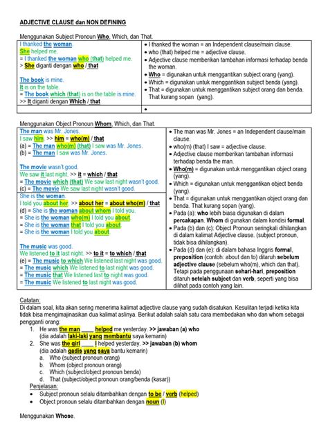 Adjective Clause Non Defining Who Whom Whic That Whose Where When Pdf