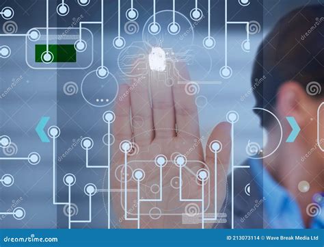 Businesswoman Finger Over Biometric Scanner And Data Processing Against