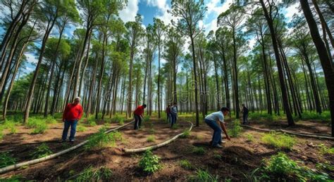 Forest Restoration Efforts With Volunteers Planting Trees To Combat