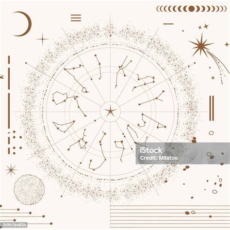 별자리 원활한 패턴 난해한 별 별자리 음력 달의 위상 우주 디자인 원형 장식 배경 신비 은하 타로 추상적인 천체 공간 디자인
