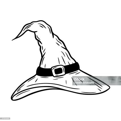 벡터 할로윈 마녀 모자 그림 라인 아트 스타일 그래픽 흑백 그림 손으로 그린 윤곽선 스케치 새겨진 그림 색칠 공부 책 페이지 초대장 장식을 위한 디자인 요소입니다 10월에