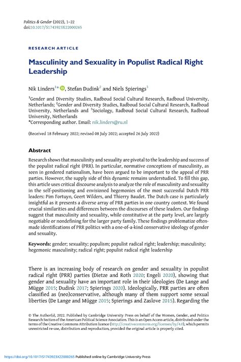 Masculinity And Sexuality In Populist Radical Right Leadership R E S E A R C H A R T I C L E