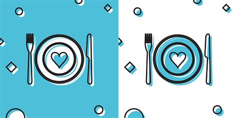 판에 검은 마음 포크와 칼 아이콘은 파란색과 흰색 배경에 격리 해피 발렌타인 데이 임의 동적 셰이프 벡터 일러스트레이션 심장에 대한 스톡 벡터 아트 및 기타 이미지 Istock