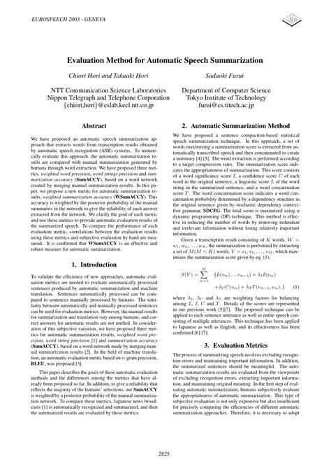 Pdf Evaluation Method For Automatic Speech Summarization