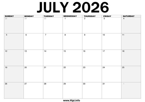 July 2026 Calendar Free Printable