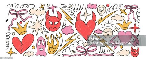 Devi Angel Ghost And Doodle Elements Crayon Drawn Set Punk Girly Background Scribble Grunge