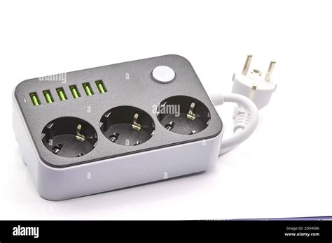 Extension Socket With USB Port On White Background For Charging Phones And Electronic Devices