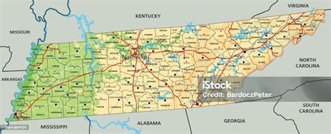 High Detailed Tennessee Physical Map With Labeling Stock Illustration