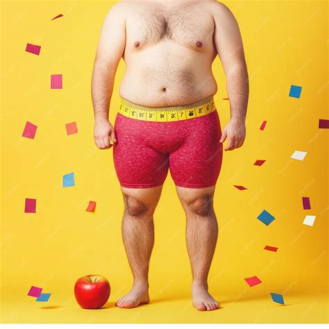 Overweight Man Wearing Red Underwear Standing On Yellow Background With