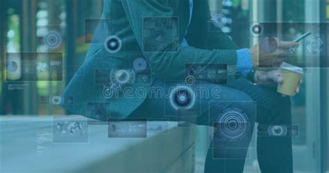 Image Of Scopes Scanning And Data Processing On Screens Over Businessman Using Smartphone Stock