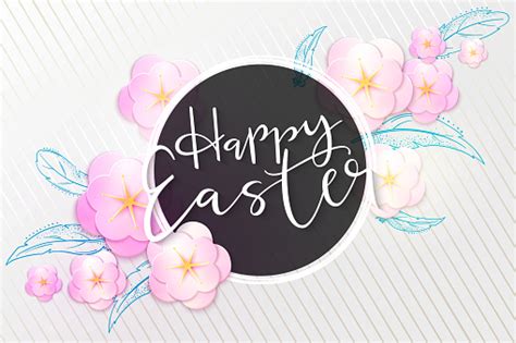 벡터 일러스트 레이 션의 부활절 날 인사말 배너 템플릿 손 글자 레이블행복 한 부활절종이 접기 종이 봄 사과 꽃과 낙서 깃털 개념에 대한 스톡 벡터 아트 및 기타 이미지