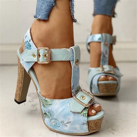 Flower Print Peep Toe Platform Chunky Heels 5 Pink Platform Heels