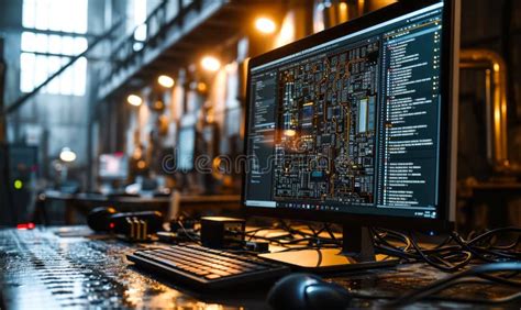 Computer Monitor Displaying Intricate Circuit Board Design For Technology And Electronics