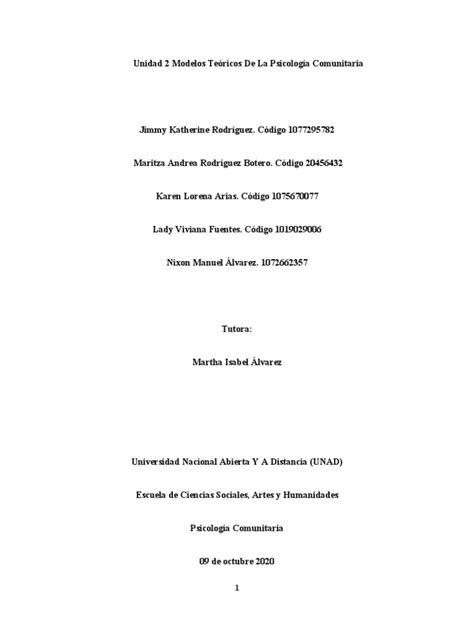 Unidad 2 Modelos Teóricos De La Psicología Comunitaria Grupo 8