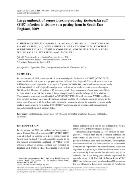 Pdf Large Outbreak Of Verocytotoxin Producing Escherichia Coli O157 Infection In Visitors To A