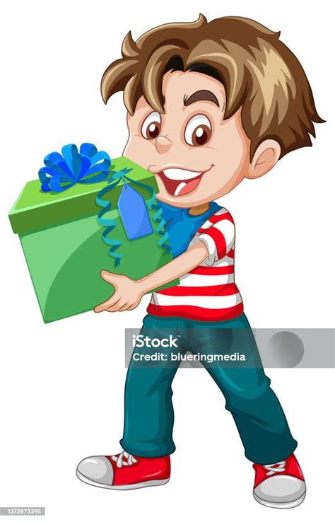 흰색 배경에 선물 상자 만화 캐릭터를 들고 소년 감정에 대한 스톡 벡터 아트 및 기타 이미지 감정 귀여운 놀기 Istock