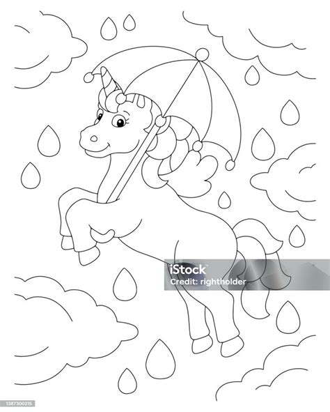 귀여운 유니콘이 우산을 들고 비오는 하늘을 날아다닙습니다 아이들을위한 색칠 공부 책 페이지 만화 스타일의 캐릭터 흰색 배경에서 격리된 벡터 그림입니다 날기에 대한 스톡 벡터