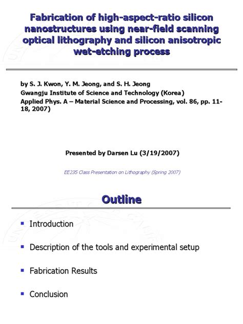 Fabrication Of High Aspect Ratio Silicon Nanostructures Using Near Field Scanning Optical