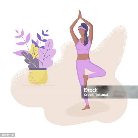 피트니스 클래스의 트렌디 한 개념 요가 트리 포즈에 서 귀여운 흑인 소녀 플랫 펑키 피규어 스타일입니다 아름 다운 잎을 장식 하