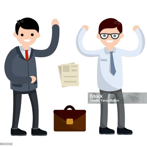 셔츠와 넥타이남성 직원 케이스 및 종이 파일 문서 재미있는 포즈와 물건 세트에 사무실 남자 동료와 친구 만화 플랫 일러스트레이션