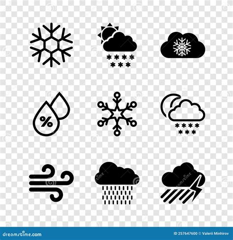 Set Snowflake Cloud With Snow And Sun Wind Rain And Lightning Icon